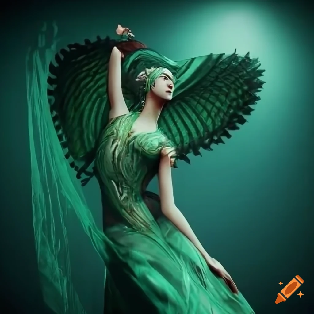 Art nouveau ballerina dancing in a veil and hat in a futuristic green ...