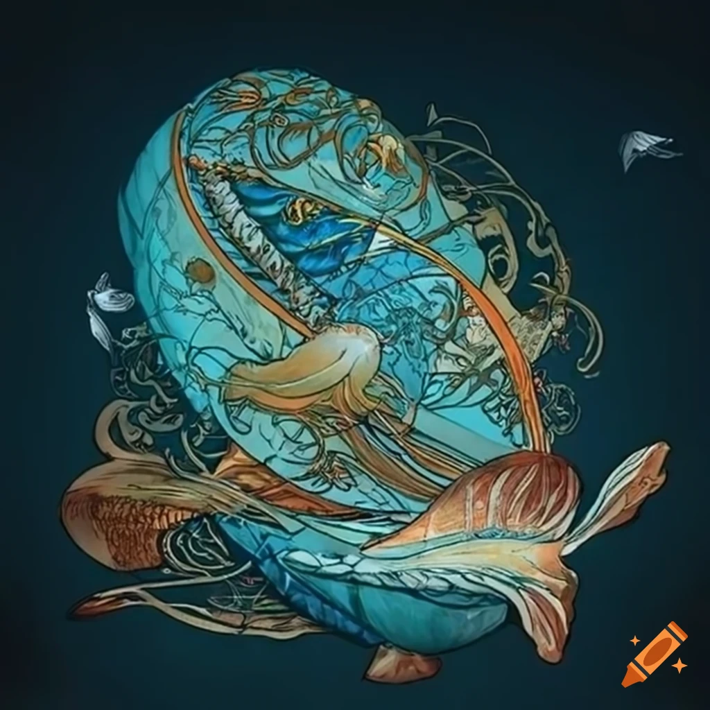 Intricate fish-shaped airship inspired by Alphonse Mucha's art style on ...