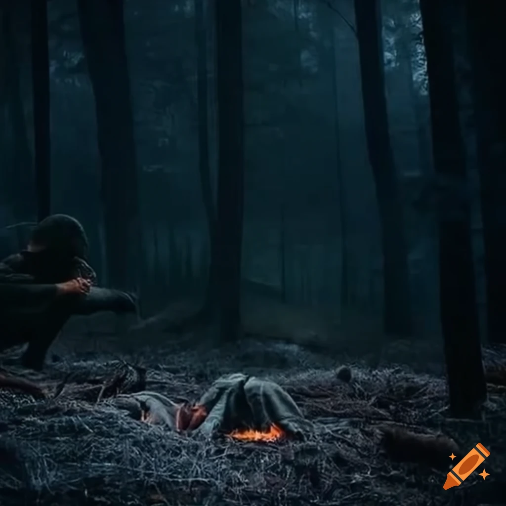 Soldiers sleeping by the fire with leaf blankets in a forest at night ...