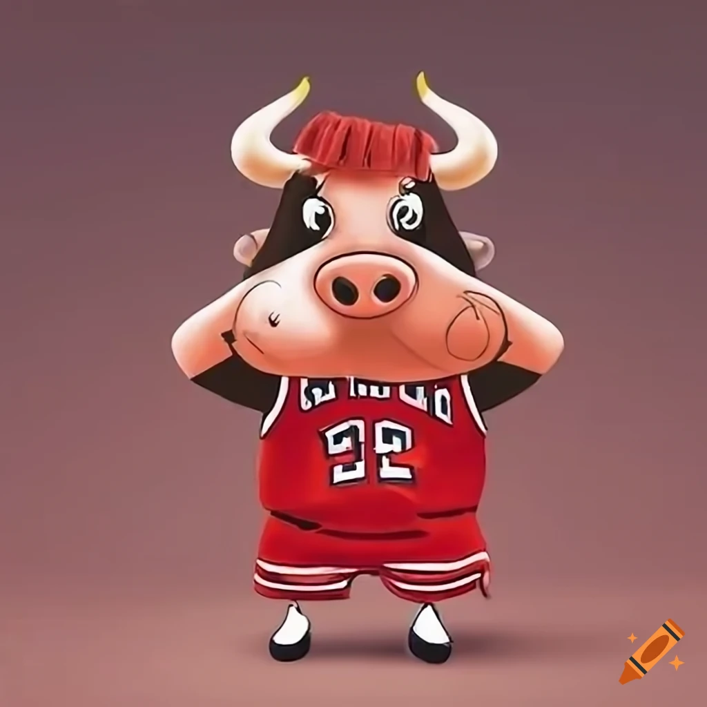 Adorable cartoon bull scoring a hoop in a chicago bulls jersey on Craiyon