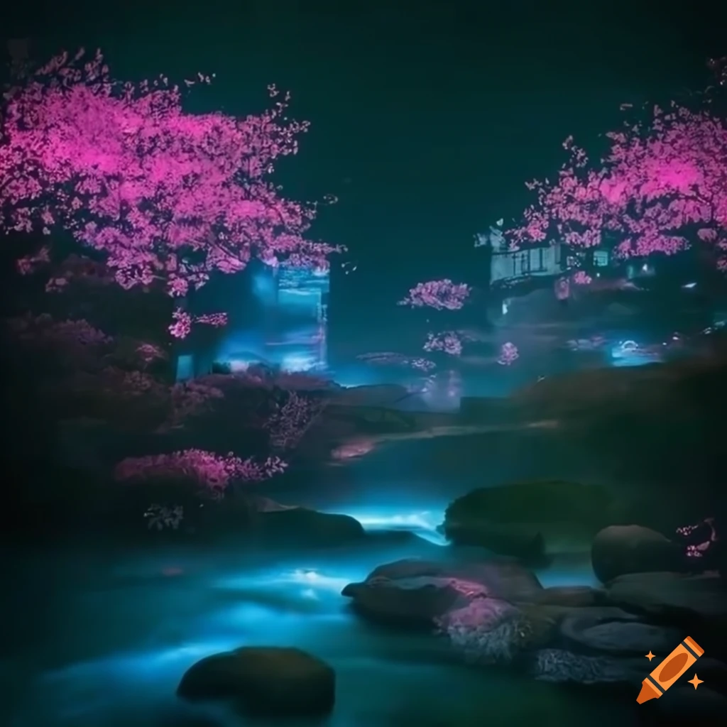 Cyberpunk fusion of cherry blossoms and neon signs in a japanese garden ...