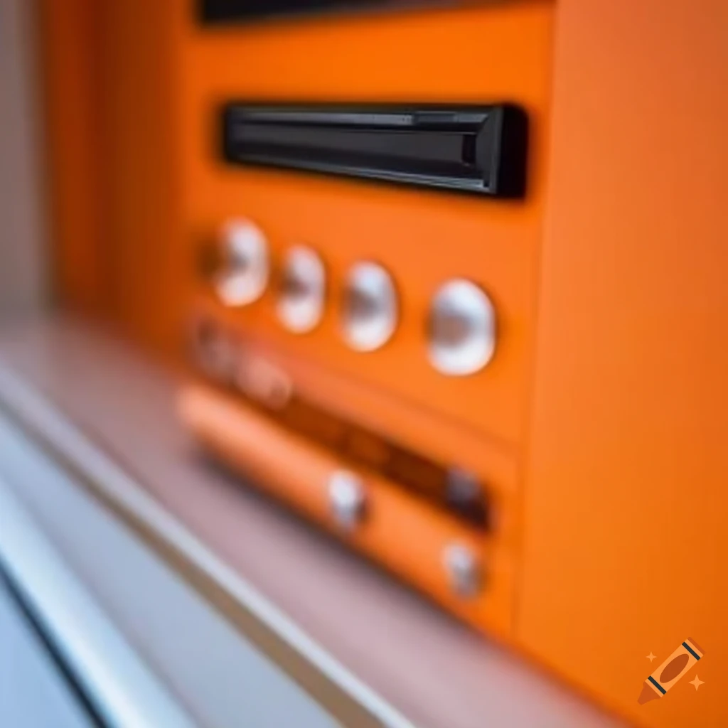 Bright modern kitchen with a large orange transistor radio receiver on ...