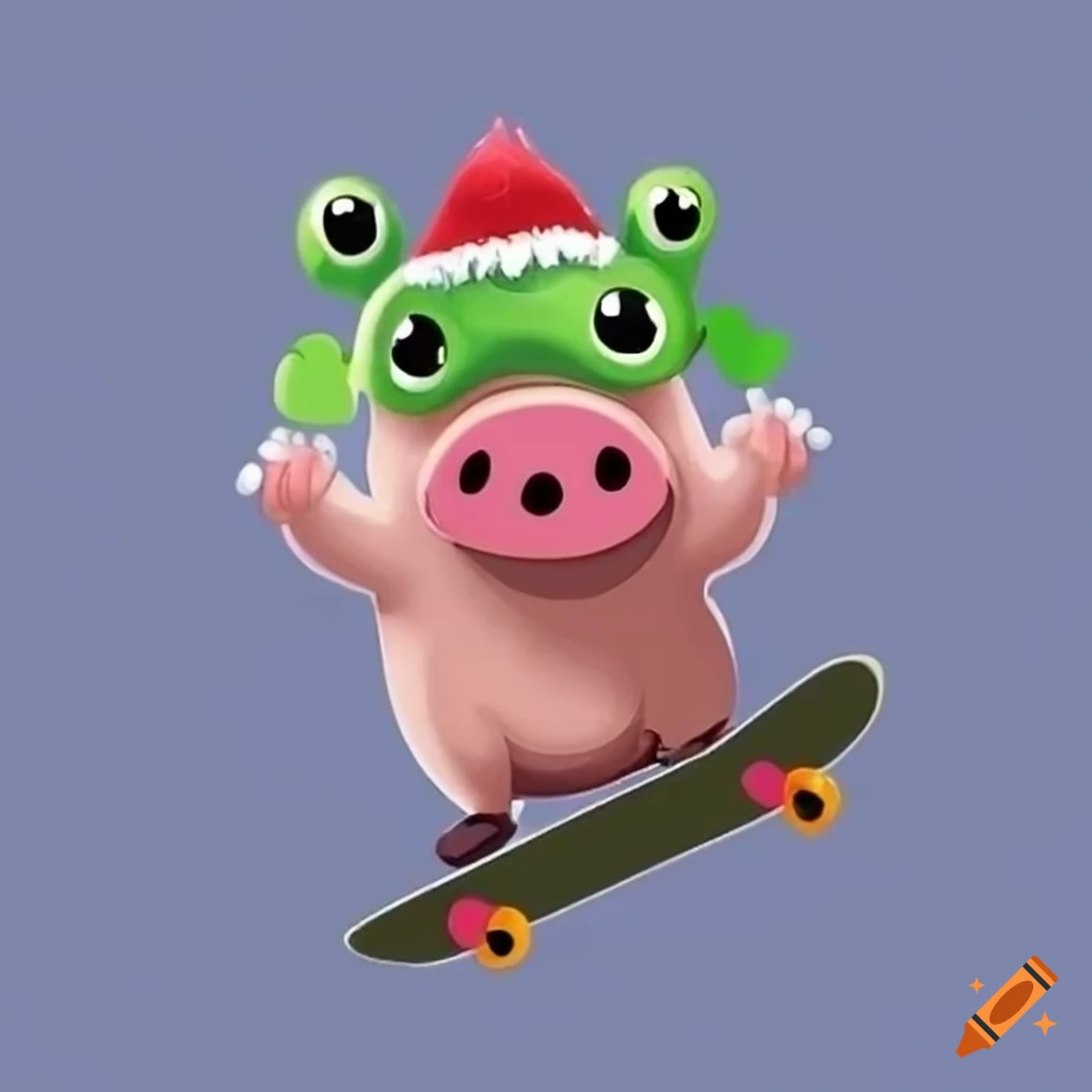 Cartoon pig wearing frog-shaped winter hat skateboarding on Craiyon