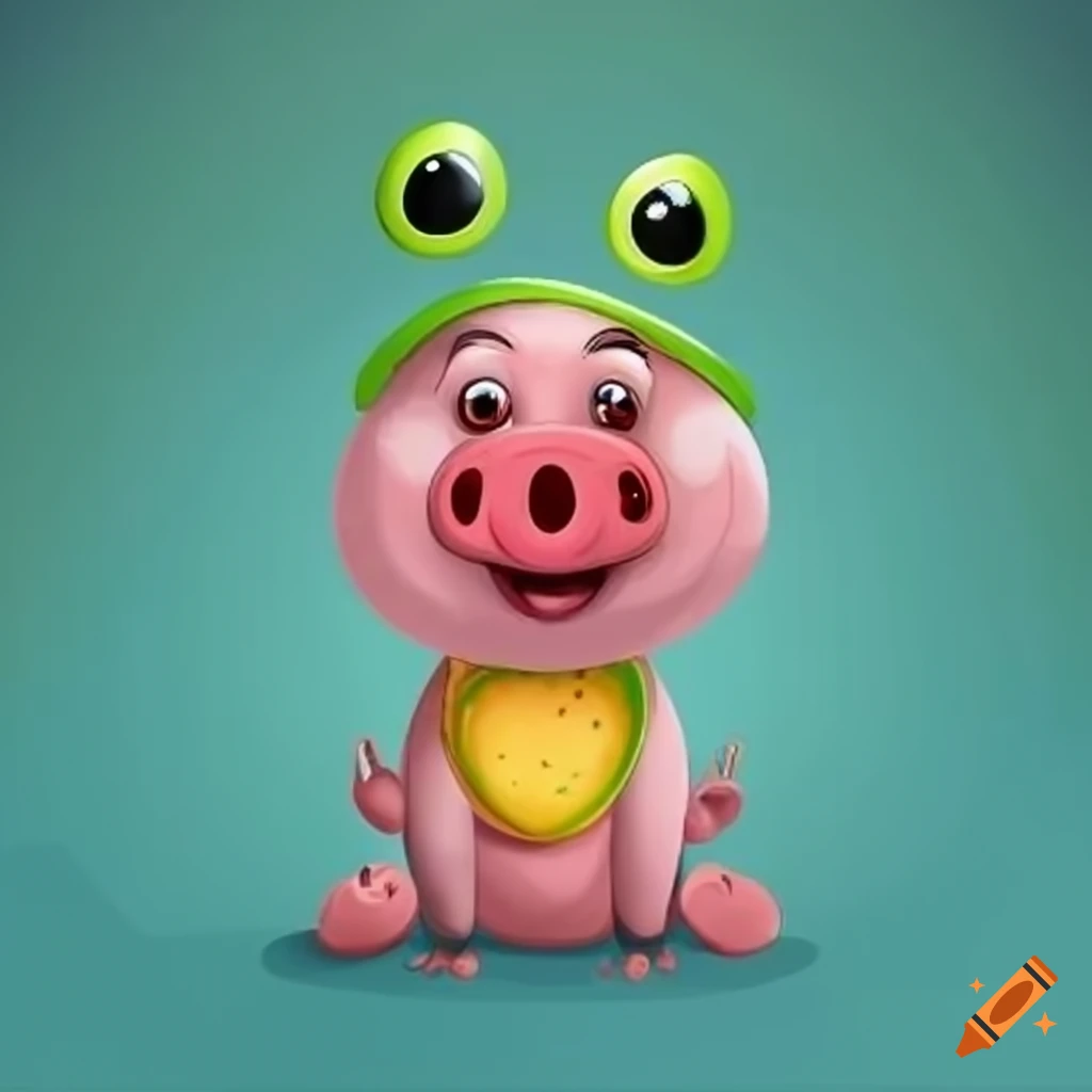 Adorable cartoon pig wearing a frog hat in a classroom on Craiyon