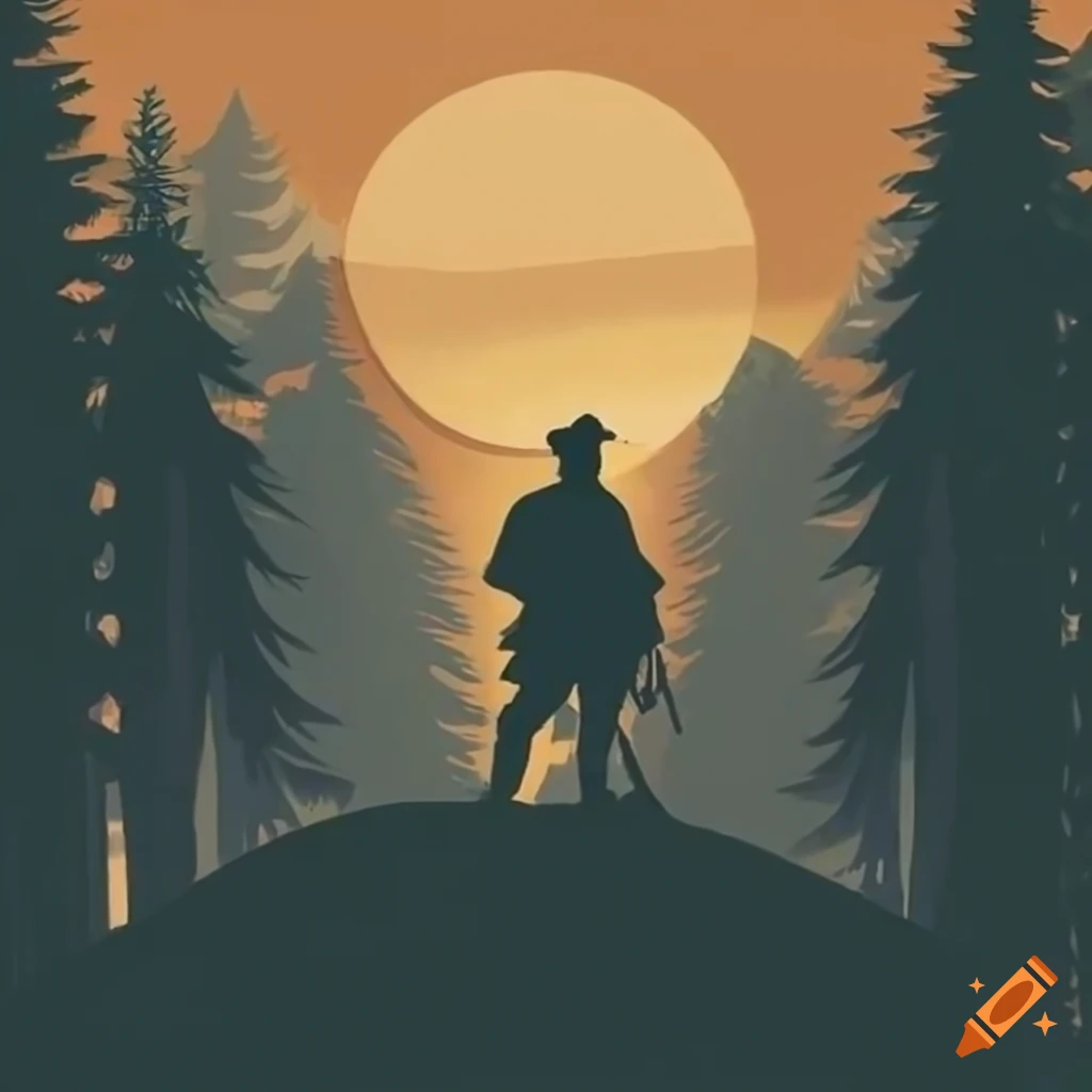 Old-fashioned black and white postcard of a brave hunter and dog in a ...