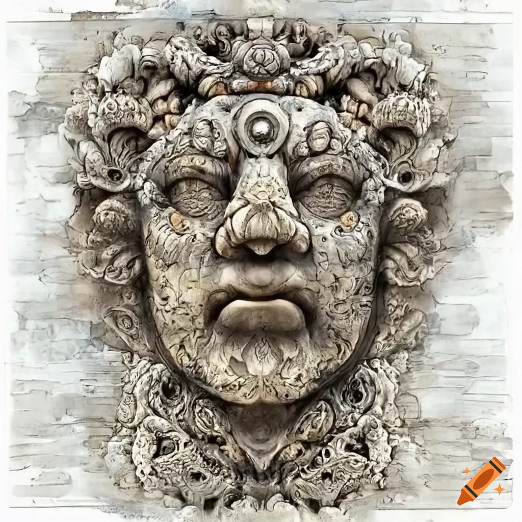 Ancient stone mythological face with intricate carvings on Craiyon