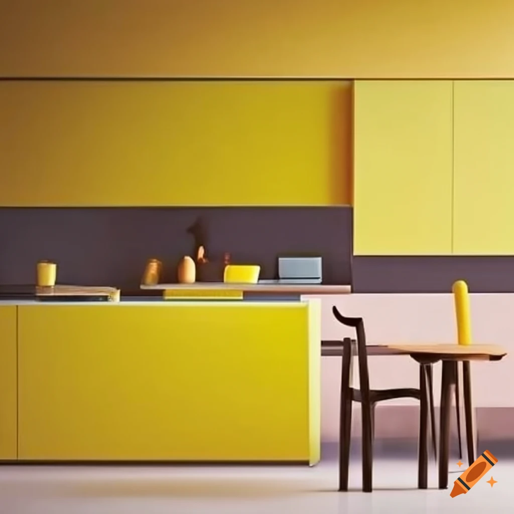 Kitchen with yellow formica and people sitting around a wood table on ...