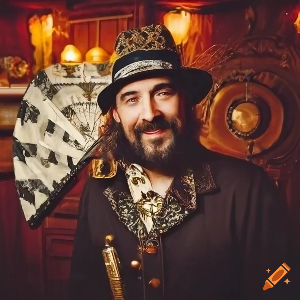 Portrait of a bohemian rock fan in vintage clothing in a dimly lit room ...