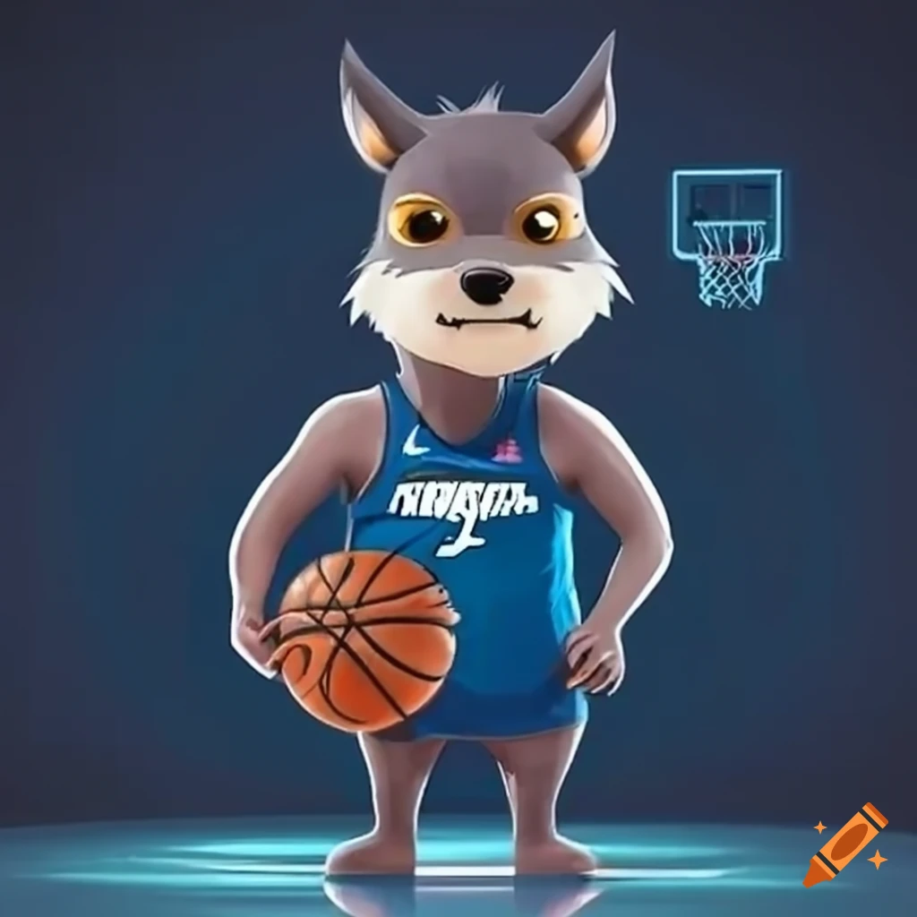 Cartoon wolf playing basketball in Minnesota Timberwolves jersey on Craiyon