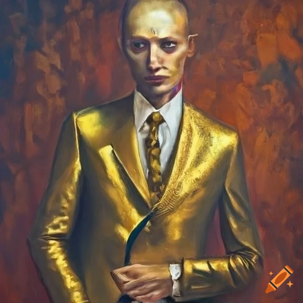 Surrealist painting of a man in a golden suit on Craiyon