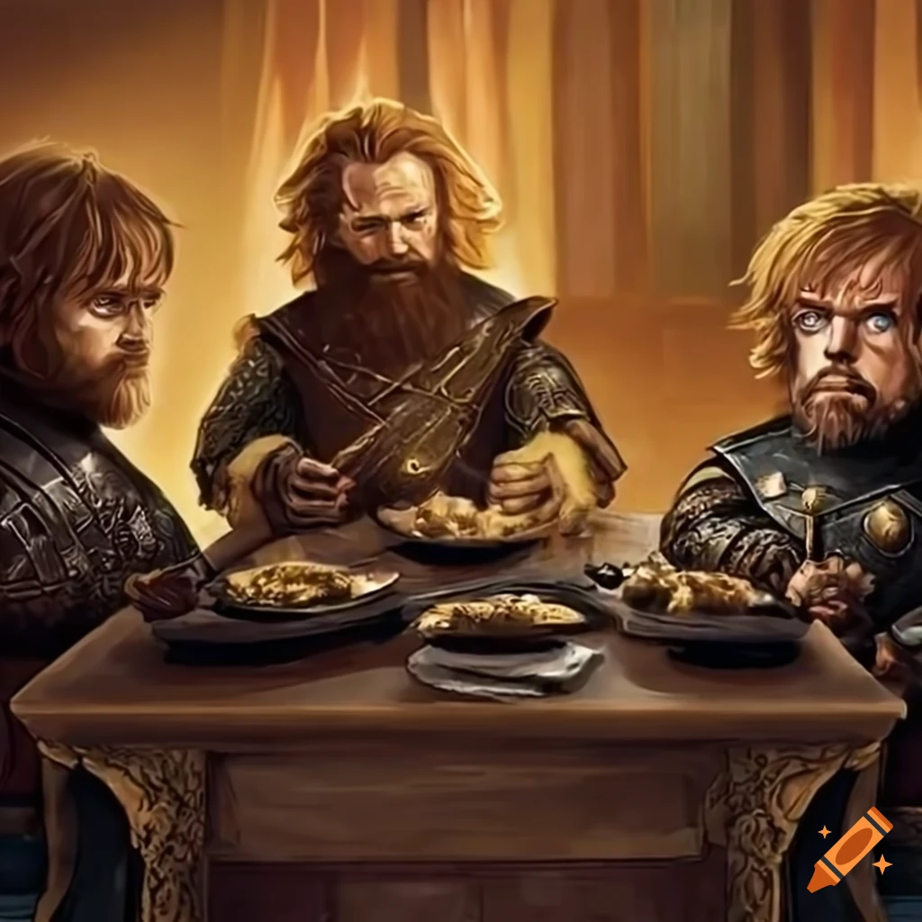 Three men sitting together at a table in a fantasy setting on Craiyon