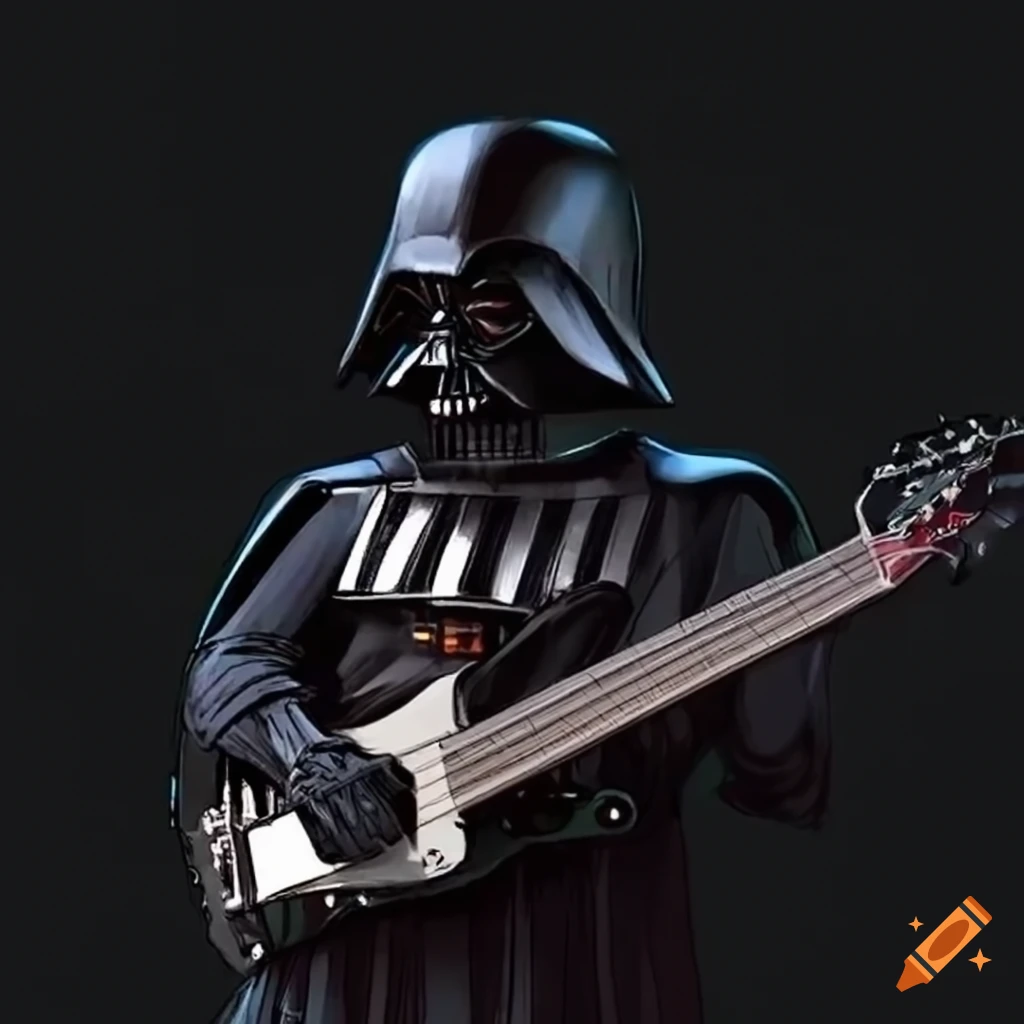 Comic darth vader playing bass guitar on Craiyon