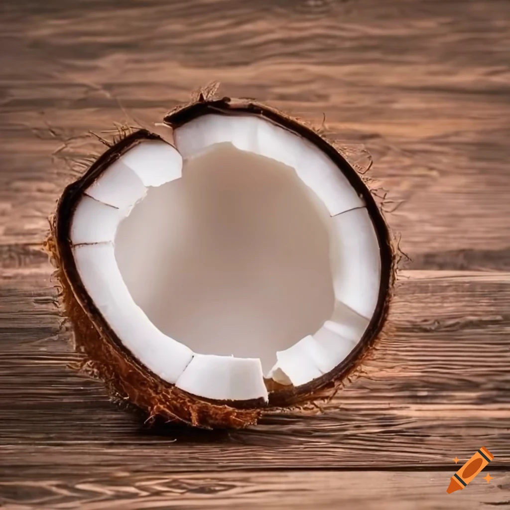 Coconut broken in half with white meat inside on wooden background on ...