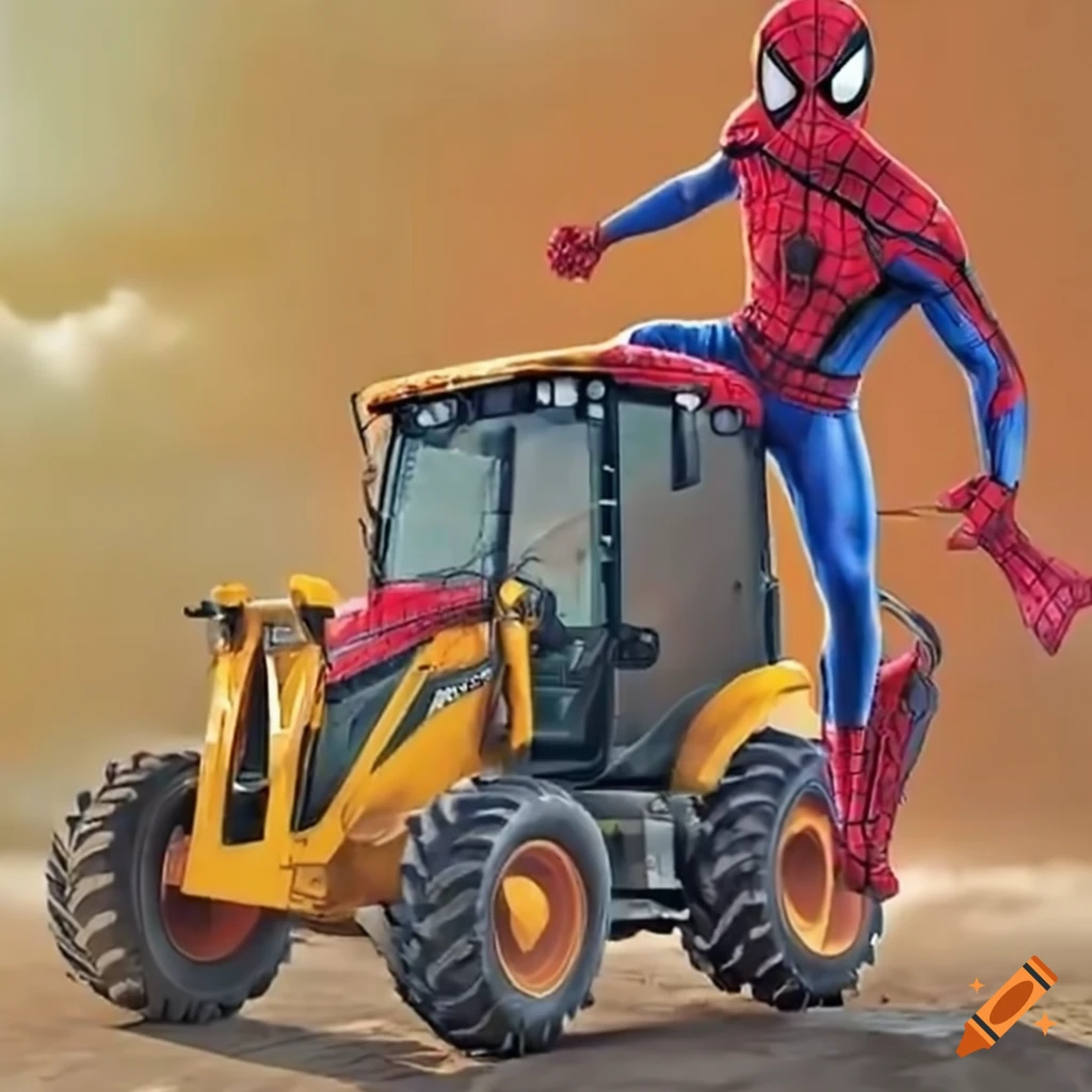 Backhoe loader with spider-man riding and the name 'aarnav' on Craiyon