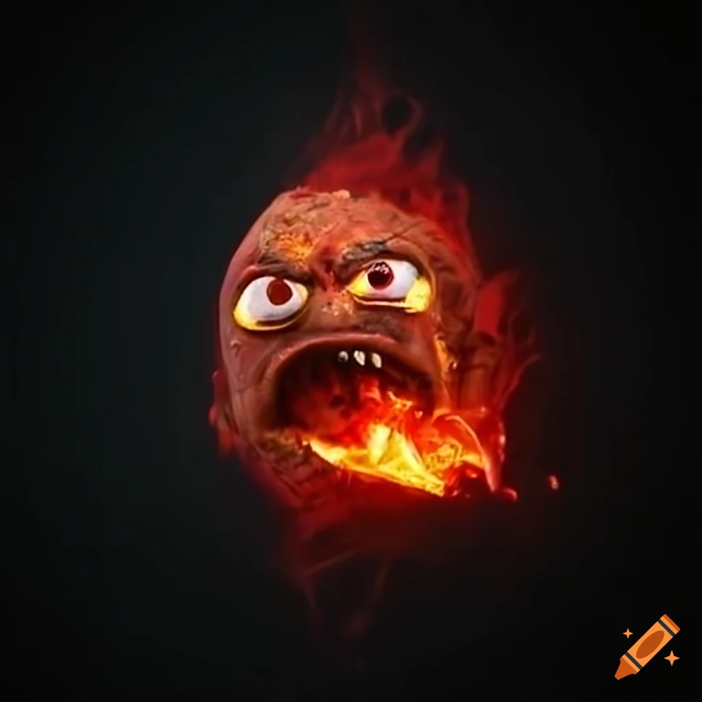 Flaming meatball with angry expression and fiery red eyes on Craiyon
