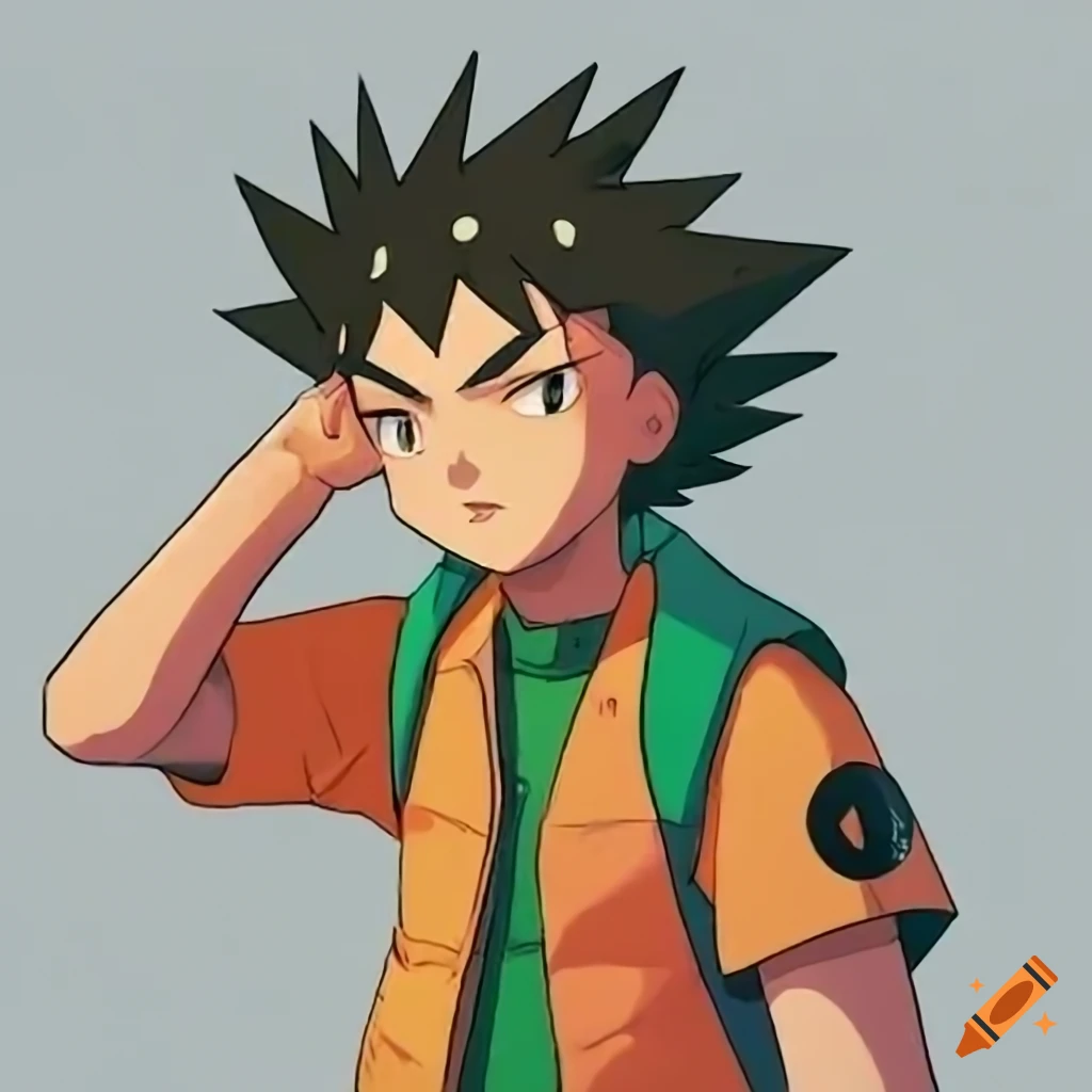 Brock from Pokemon with eyes closed, orange vest, and green shirt on ...