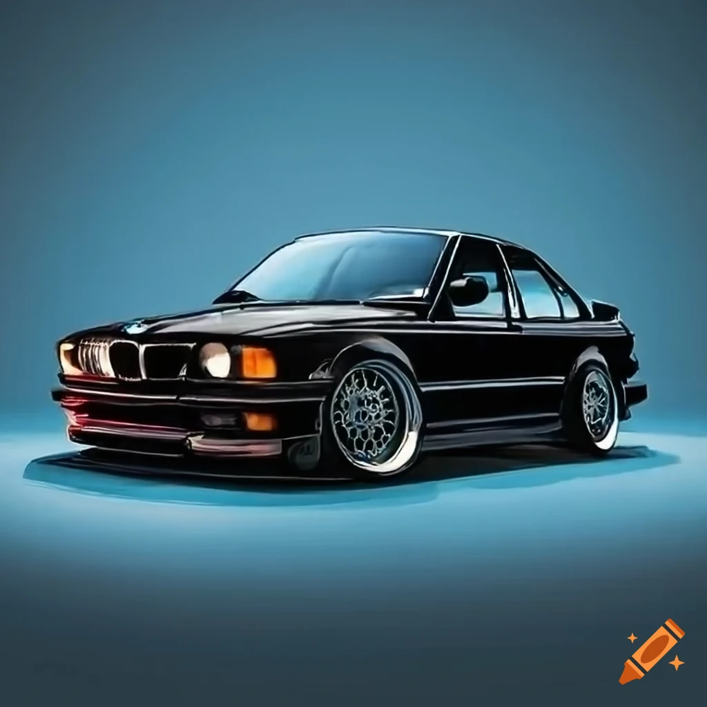 Black bmw e34 drifting on light blue background on Craiyon