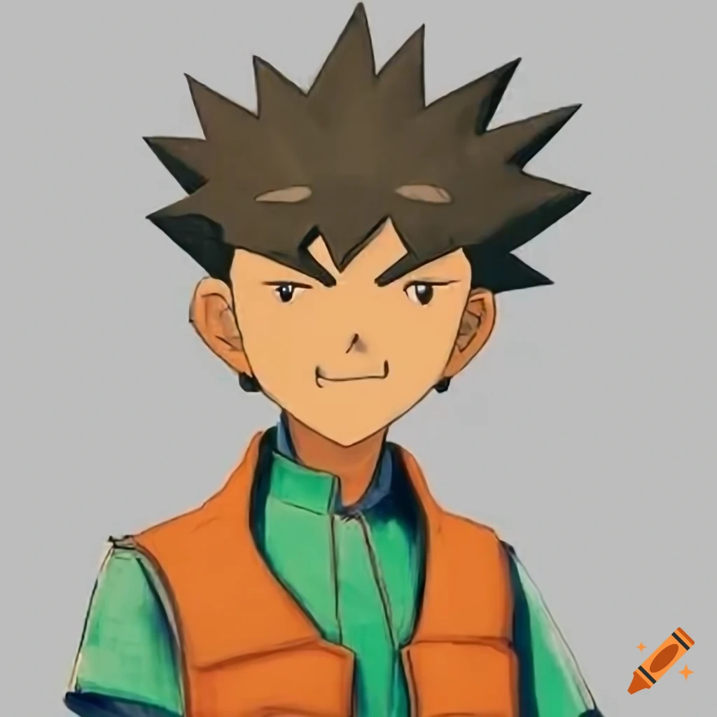 Character brock from pokemon in orange vest over green shirt on Craiyon