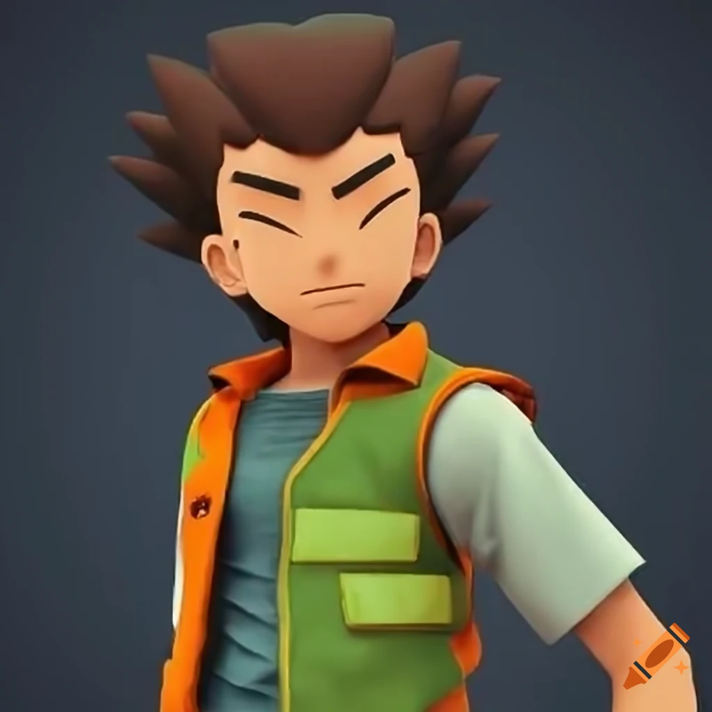 Brock from pokemon in orange vest and green shirt on white background ...