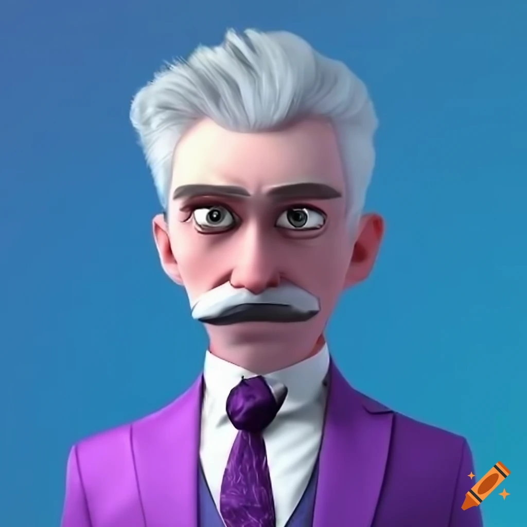 3d disney style casino villain with white hair and gray moustache in ...