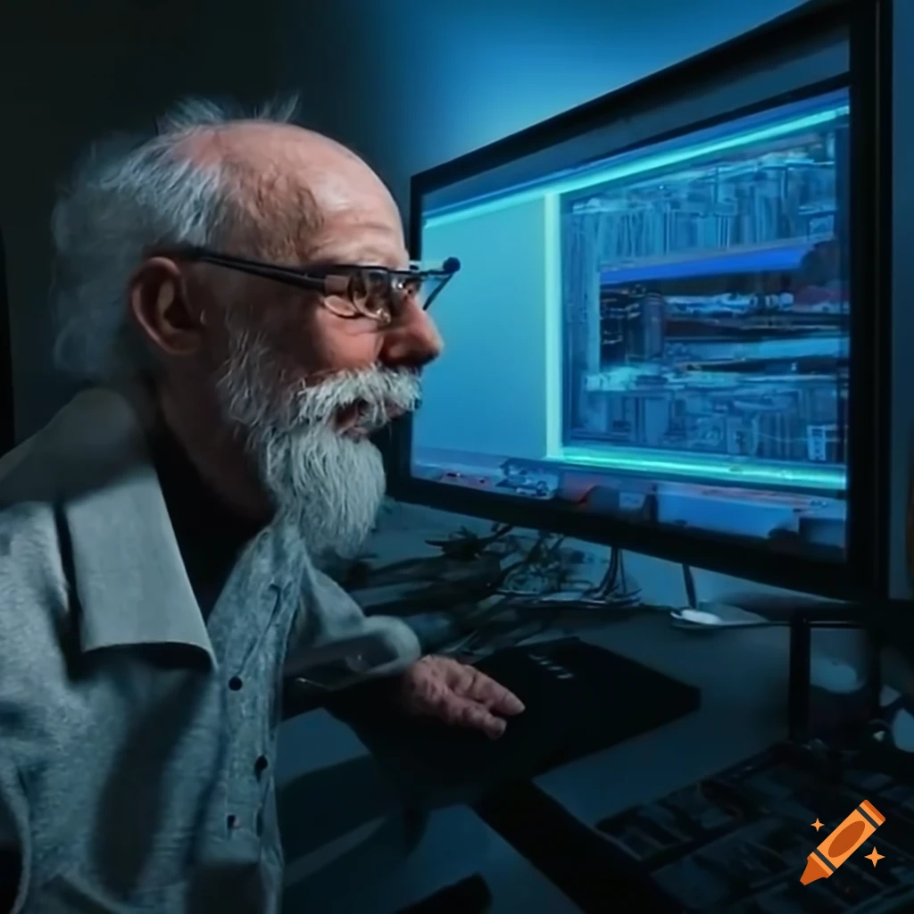 Wise grandpa with beard focusing on multiple computer screens in a tech ...