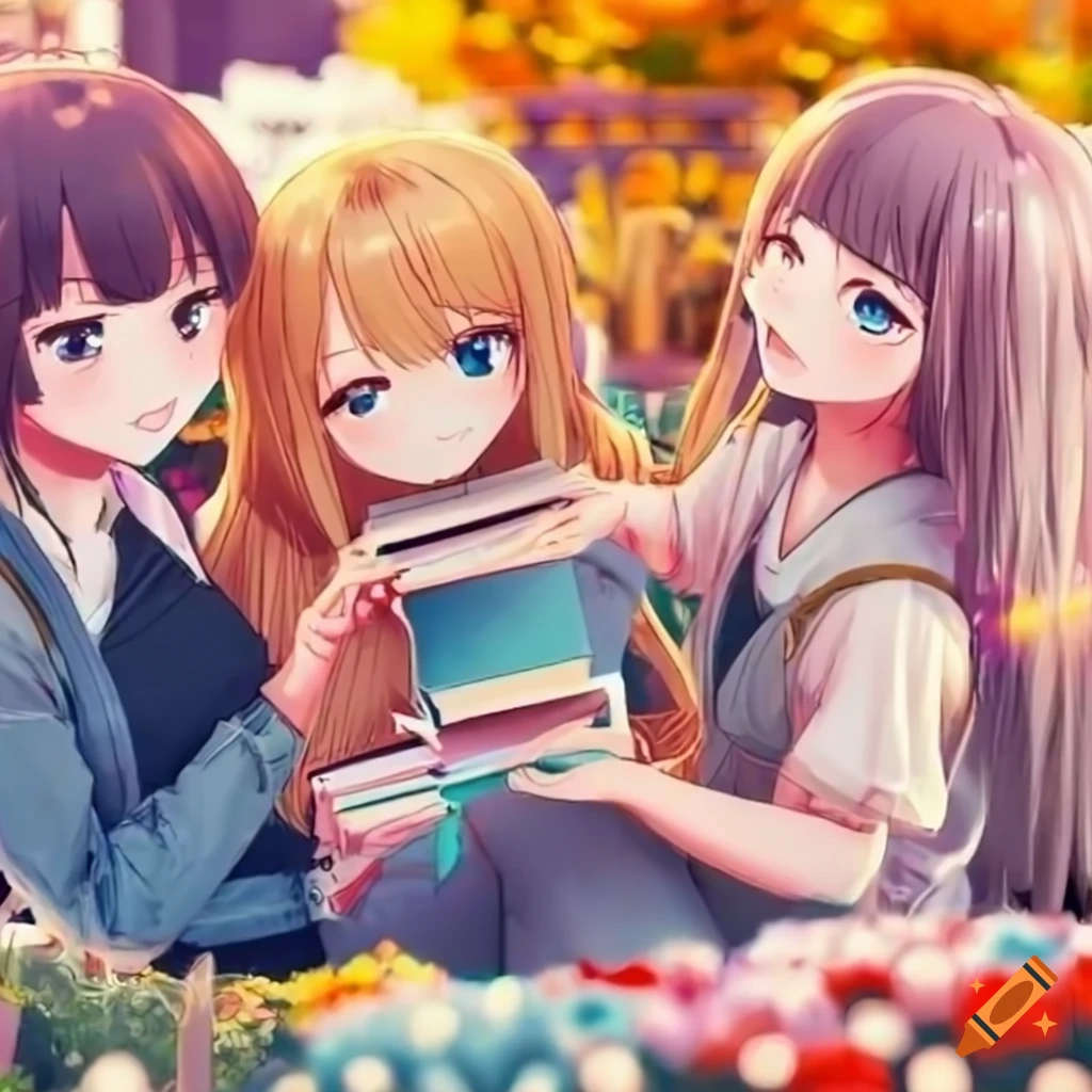 Group of anime girls studying in a colorful flower market on Craiyon