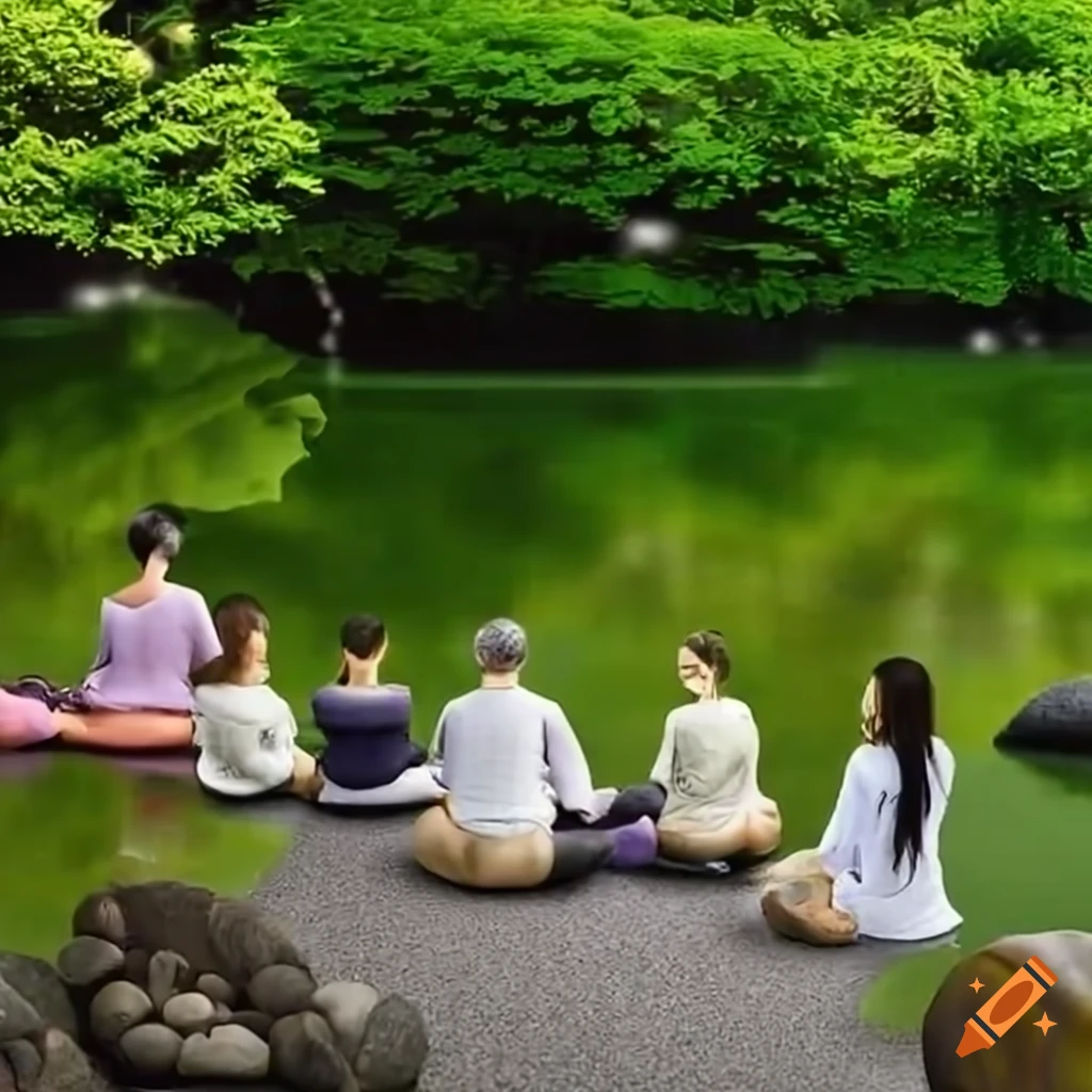 Seven people practicing mindfulness in a zen garden on Craiyon