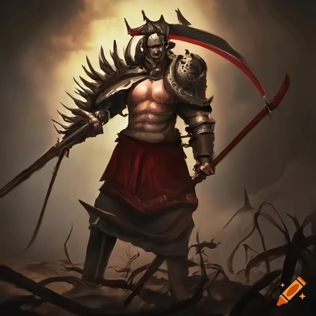 Brave warrior with a long scythe in a hyper-realistic battle scene on ...