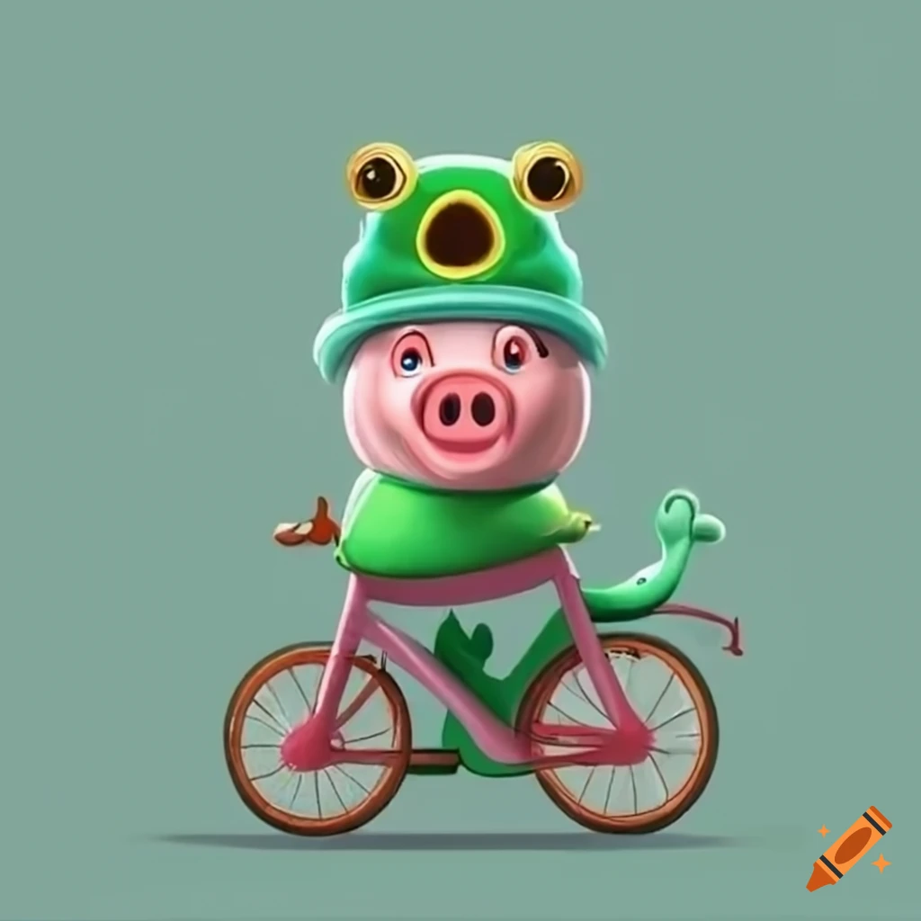 Cartoon pigs in frog hats riding bikes on Craiyon