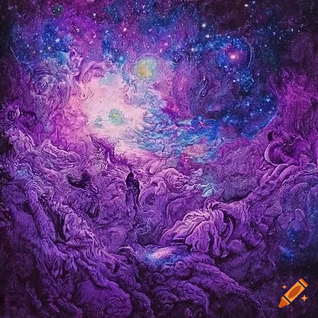 Cosmic space with stars and galaxies in a purple ink drawing style by gustave dore on Craiyon