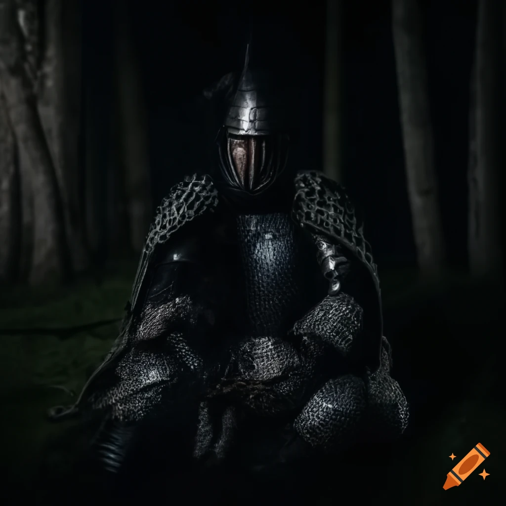 Knight sitting in the woods at night on Craiyon