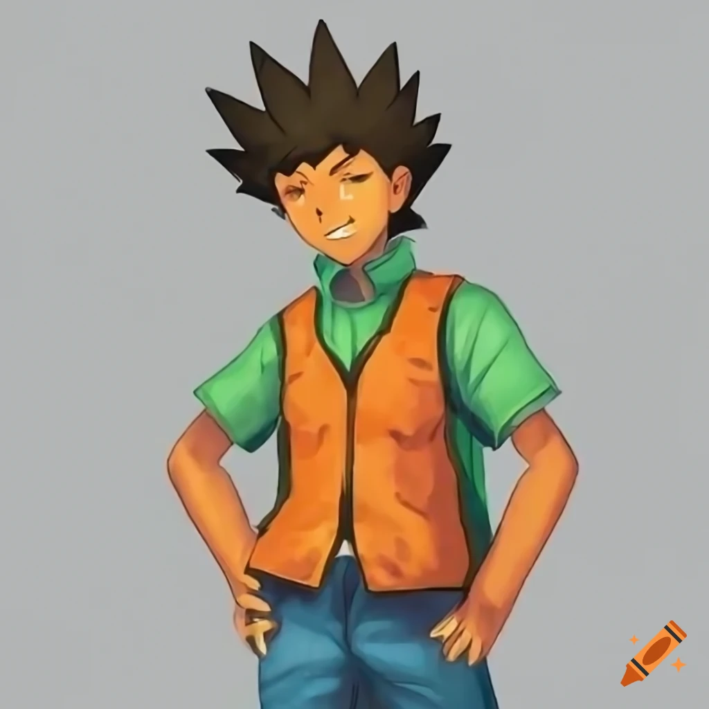 Brock from pokemon in orange vest over a green shirt on Craiyon