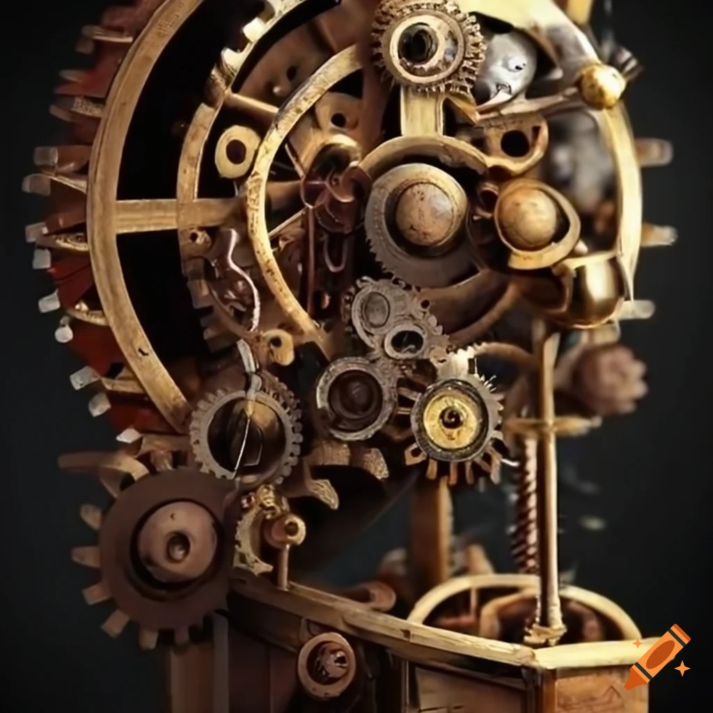 Steampunk machine with interlocking gears and pulleys on Craiyon
