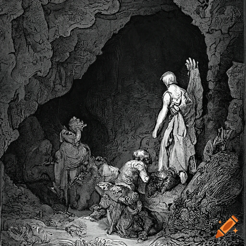 Vimes entering the cave in koom valley inspired by gustave doré on Craiyon