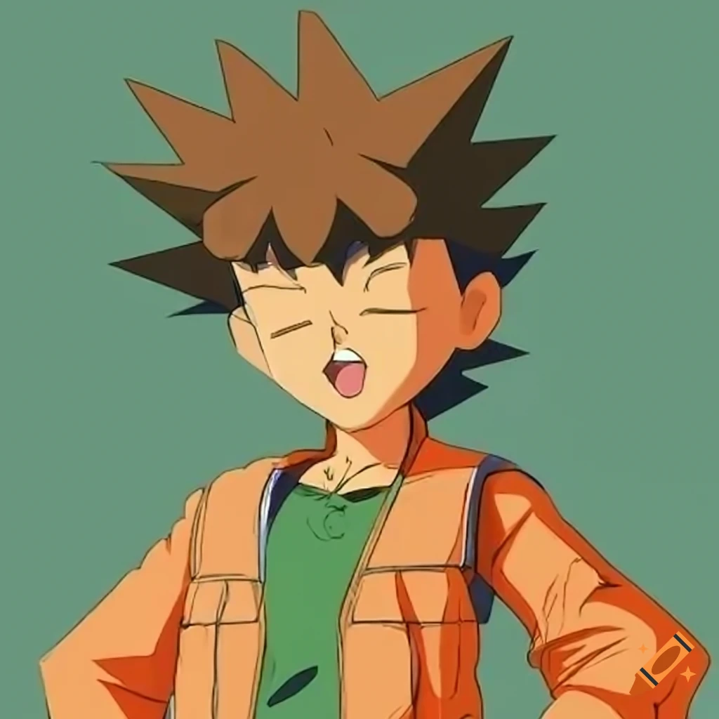 Brock from pokemon with eyes closed wearing orange vest over green ...
