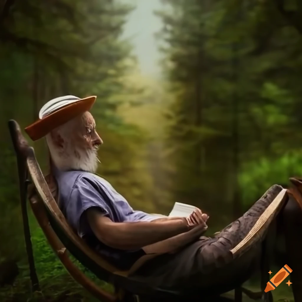 Elderly man reading a book on a rocking chair in the woods on Craiyon