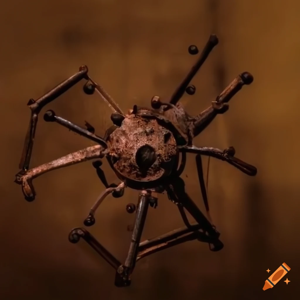 Rusted spider-shaped machine in an arid field under a yellow sky with ...