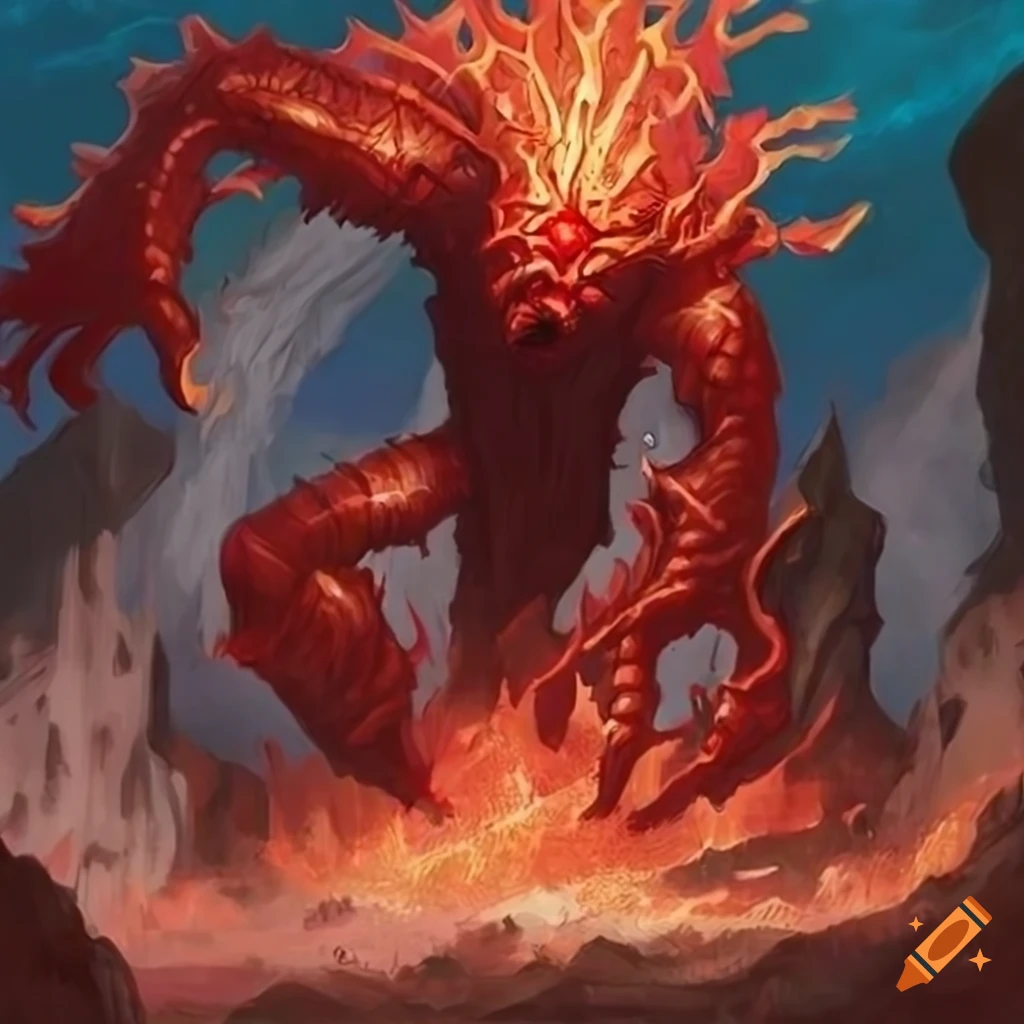 Red elemental creature destroying land in MTG fantasy art on Craiyon