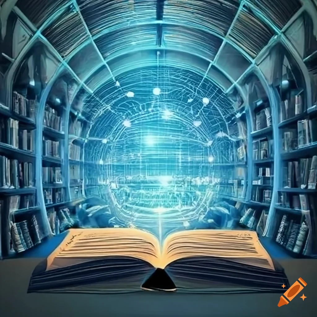Futuristic library with high-tech neural network technology style ...