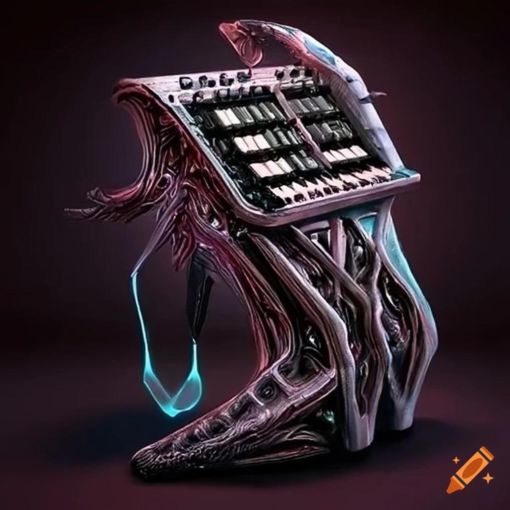 Biomechanical keyboard synth designed in a luciferian style on Craiyon
