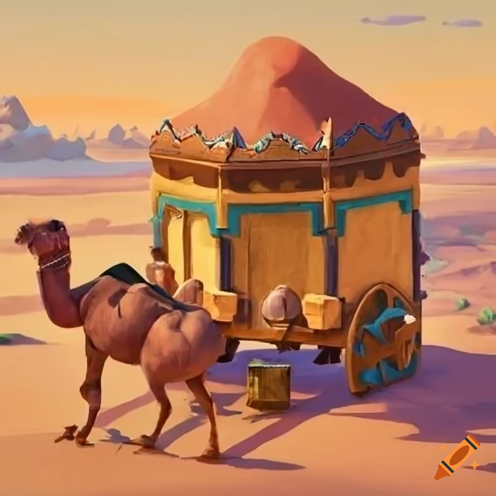 Artistic depiction of an ancient Arabic caravan with camels and laden ...