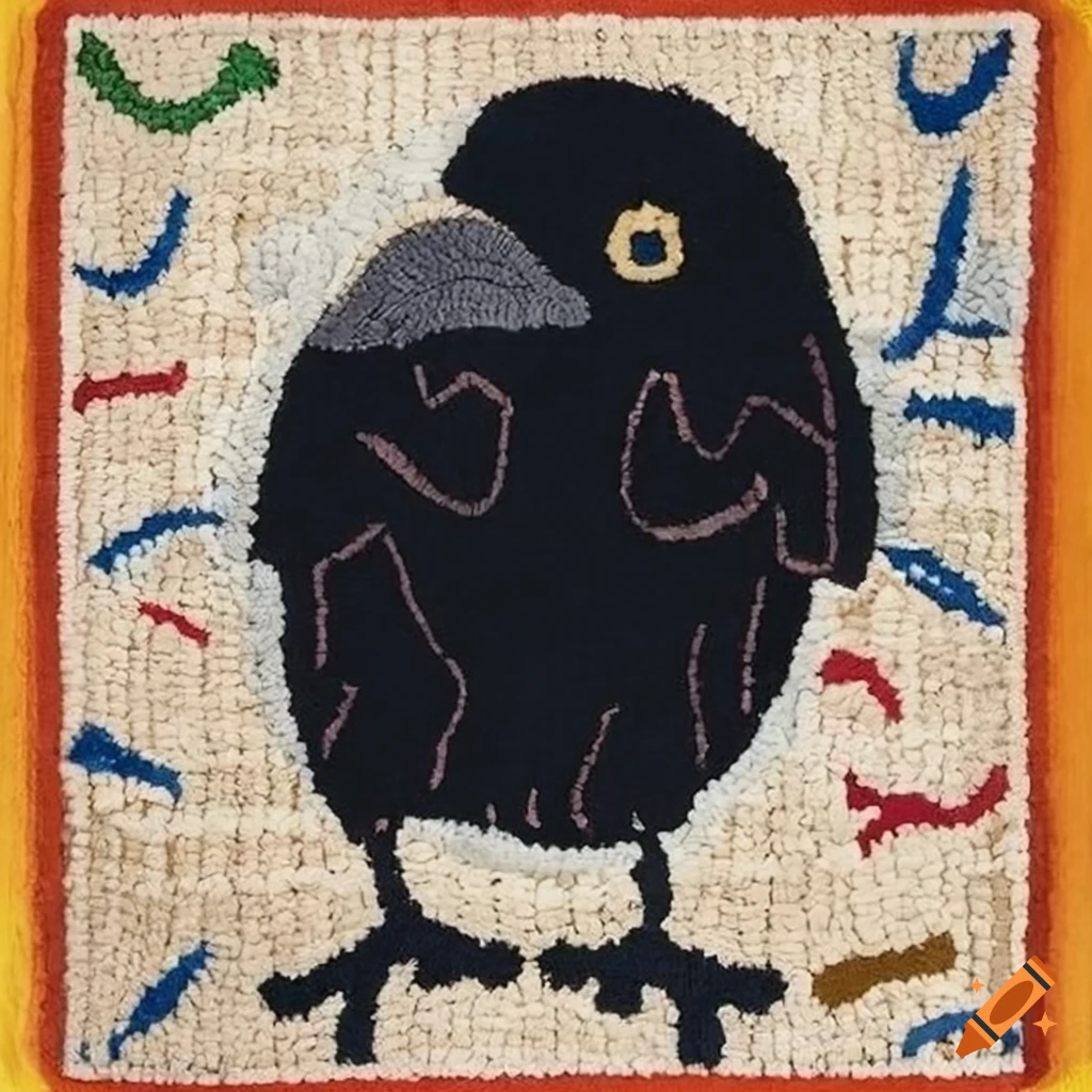 Mischievous crow in picasso hooked rug style on Craiyon