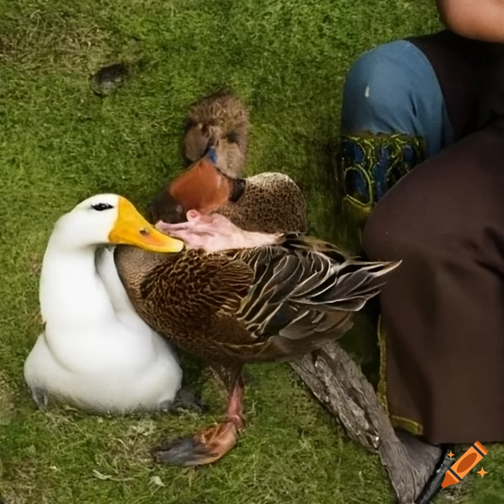 Woman being attacked by a duck outdoors in color on Craiyon
