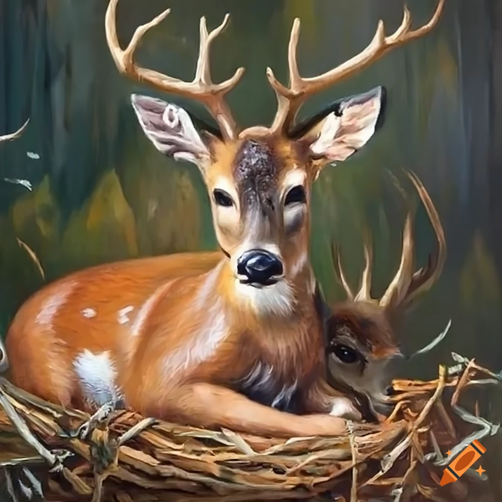 Deer sitting in sparrow's nest on Craiyon