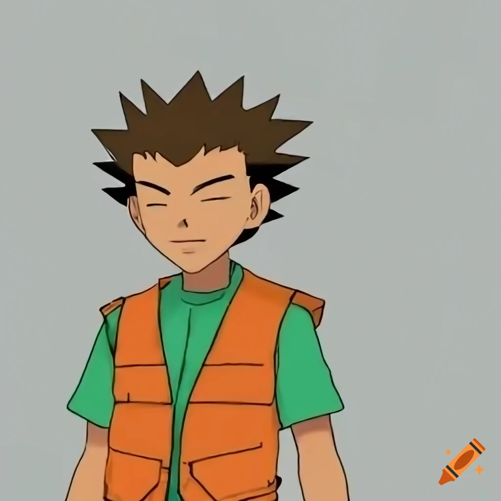 Brock from Pokemon with eyes closed and wearing orange vest over green ...