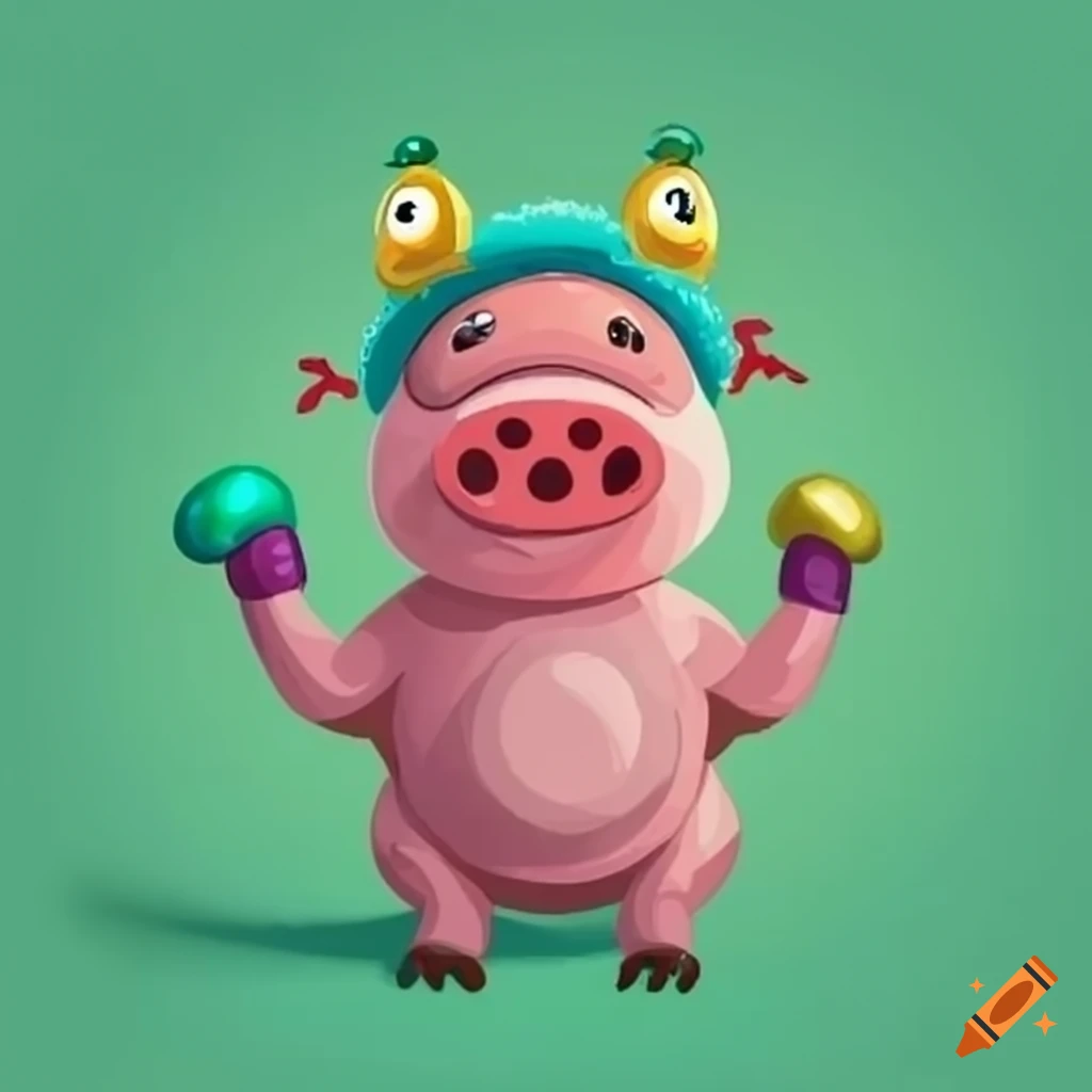 Cartoon pig wearing a frog hat boxing on Craiyon