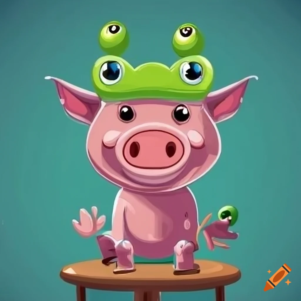 Cartoon pig with frog hat sitting on chair on Craiyon