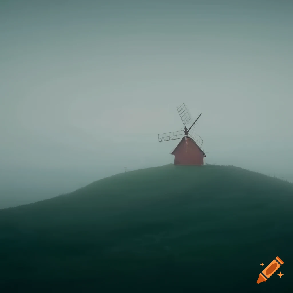 Red wooden windmill on a distant foggy hill on Craiyon
