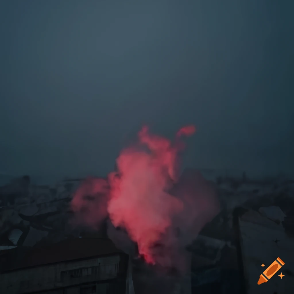 Faceless girl with red smoke and broken crosses under a distorted sky ...