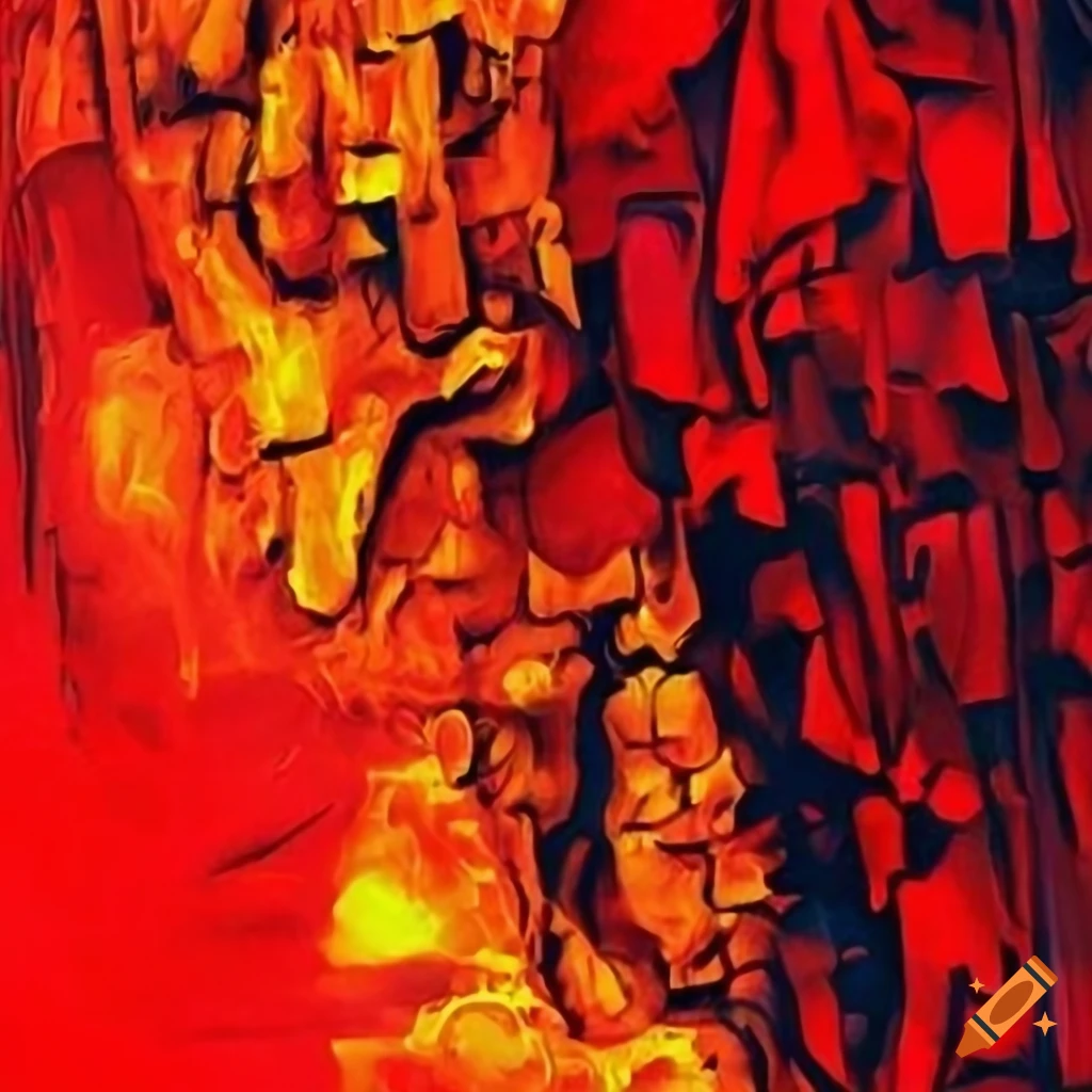 Abstract action painting with predominant red color and various effects ...